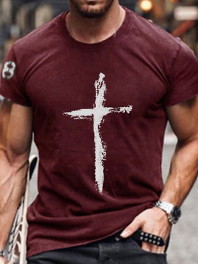Men's Cross T Shirt Distressed T Shirt Short Sleeve T shirt Crew Neck ...