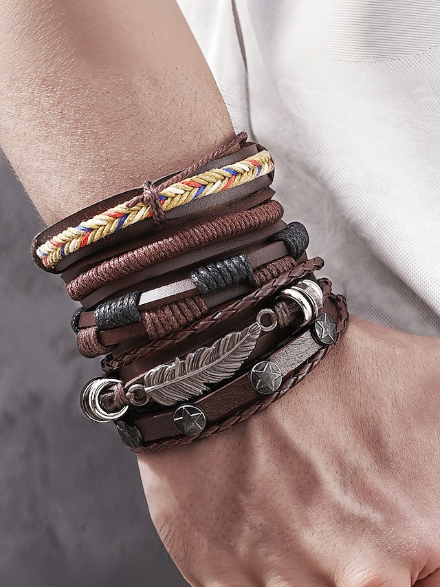 Men's Vintage Multi-Layer Leather Bracelet Set with Feather and Star ...