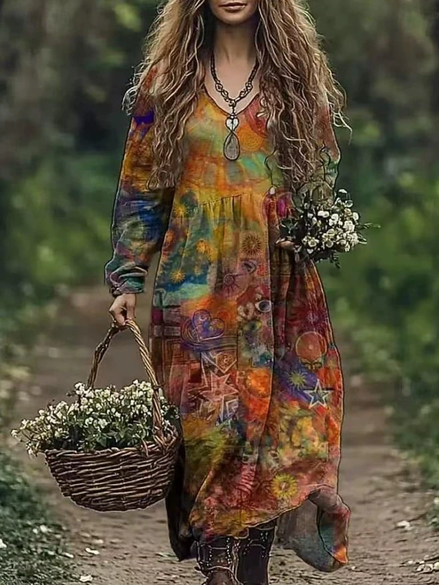 Dames Casual jurk Swingjurk Vintage Casual Vakantie Dagelijks Normale pasvorm Bloemig Lange mouw ...