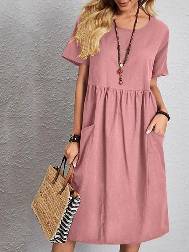 Mujer vestido largo vestido largo Vestido informal Vestido de lino de algodón Elegante Básico ...