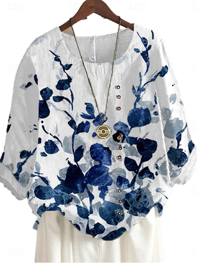 Mujer Camisas inspiradas en el lino Blusa Floral Elegante Casual Manga ...