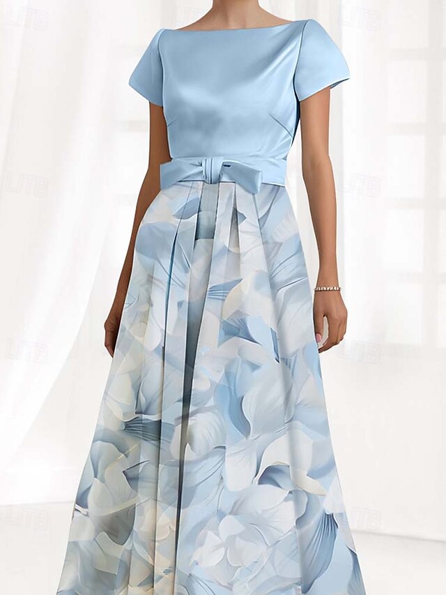 A-Line Mother of the Bride Dress Elegant Boat Neck Floral Print Floor ...
