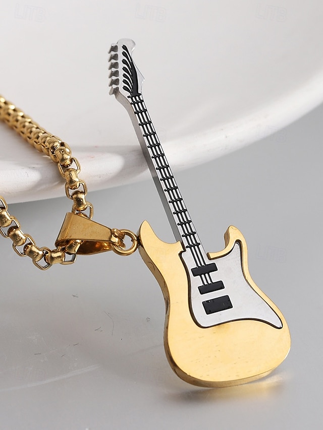 Men's Guitar Pendant Necklace – Gold and Silver Stainless Steel Rock ...