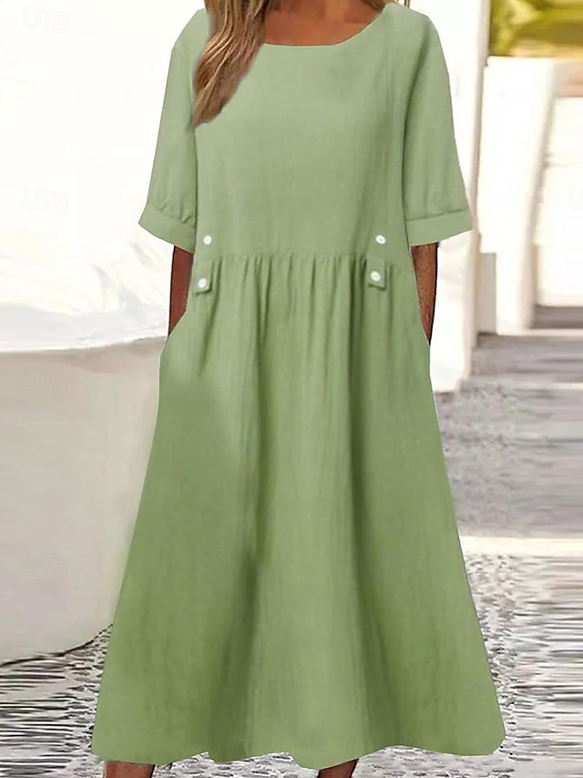 Mujer Vestido Midi Vestidos de lino y algodón Vestido informal Vestido de lino de algodón ...