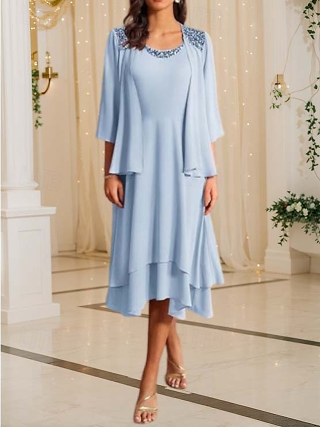 Two Piece Mother of the Bride Dress Formal Wedding Guest Elegant Vintage Crew Neck Tea Length ...