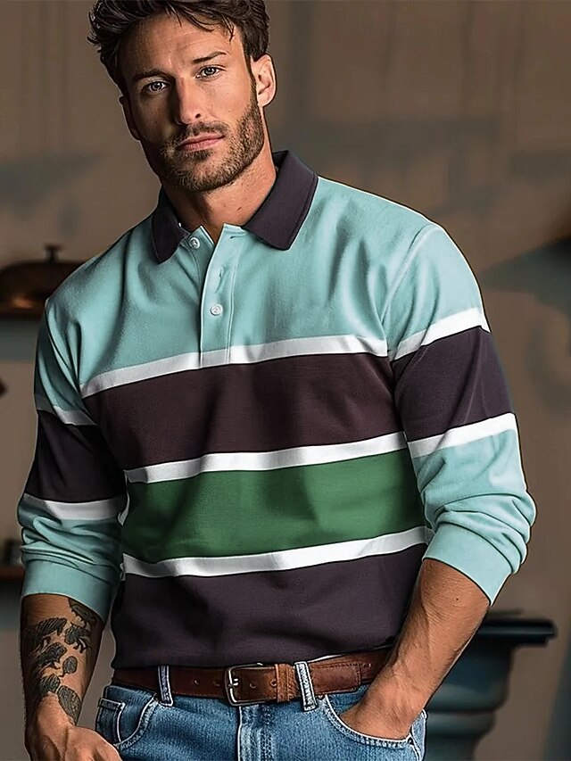Voor heren Gestreept Rugbypolo Lange mouw Poloshirt Overhemden met ...