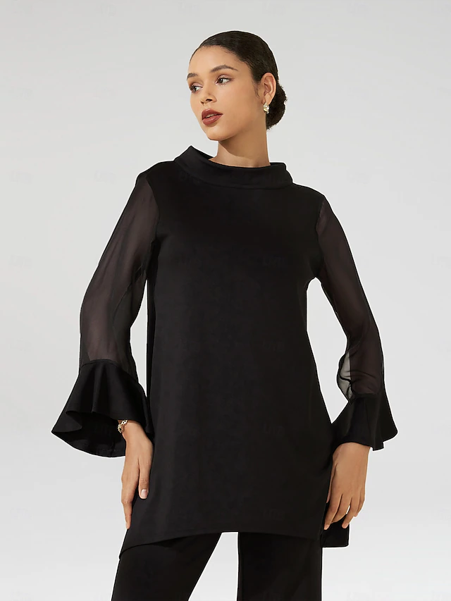 Women's Wedding Guest Party Black High Neck Blouse Chiffon Modal ...