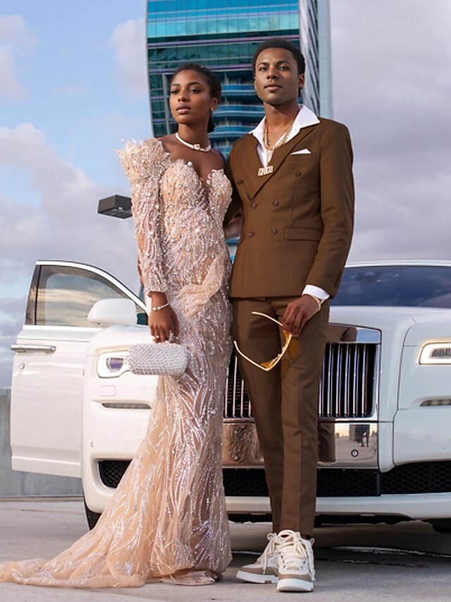 Men's Party Prom Party Suits Brown Fashion Formal Solid Colored ...