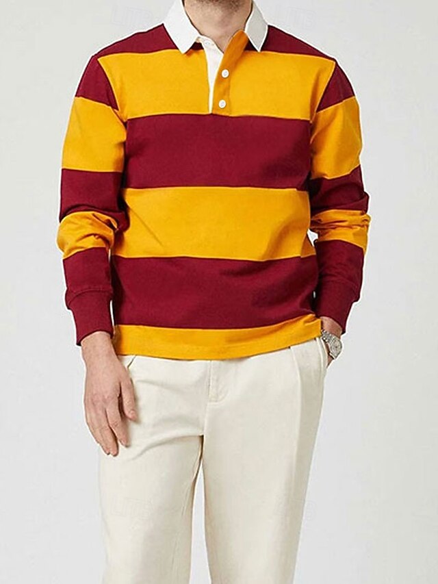 Men's Stripes Rugby Polo Long Sleeve Polo Shirts Collared Shirts Casual ...
