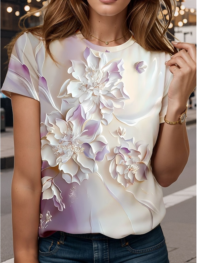 Women's T Shirt Floral Color Block 3D Stylish Casual Short Sleeve Round ...
