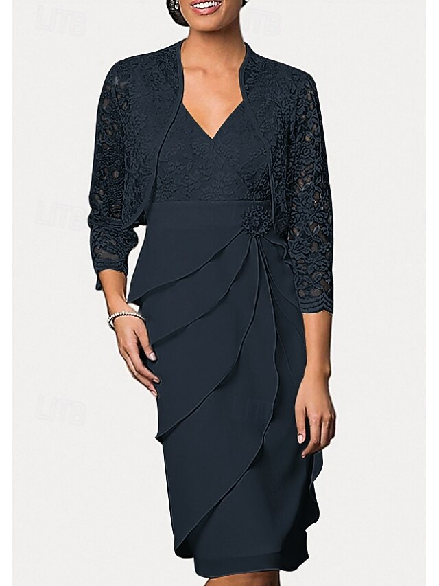 Two Piece Sheath Mother of the Bride Dress Wedding Guest Elegant V Neck ...