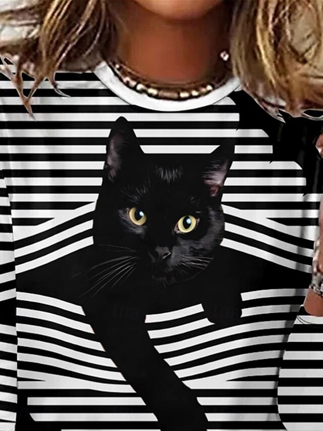 Women's T shirt Crew Neck Long Sleeve Tunic Cat Striped Casual Regular ...
