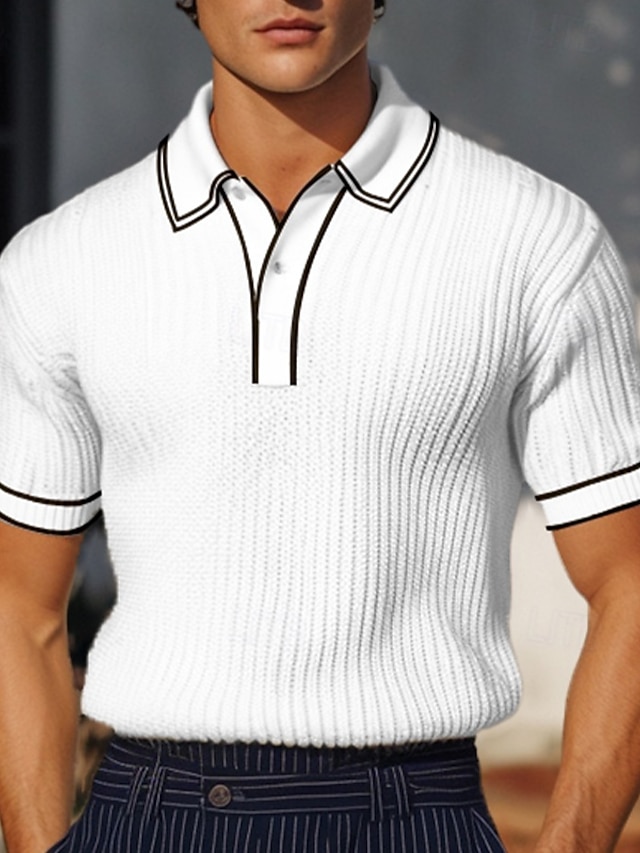 Men's Rib Knit Top Textured Holiday Lapel Ribbed Polo Collar Short ...