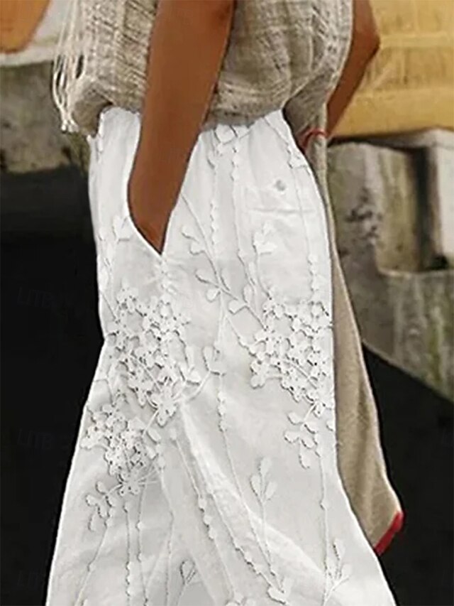 Women's Linen Like Pants Baggy Pants Casual Daily Long Floral ...