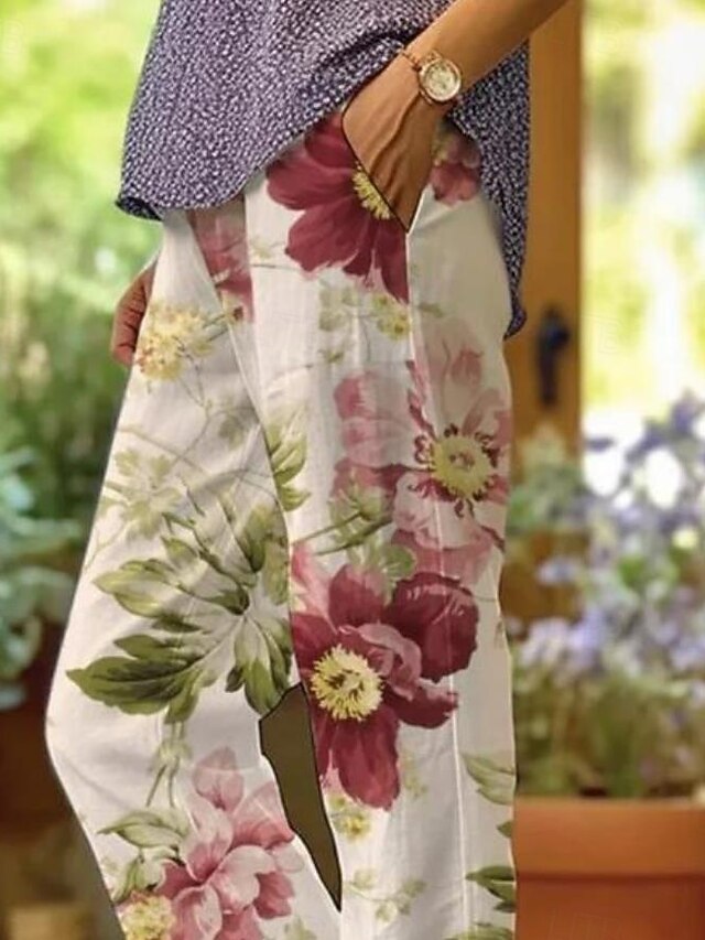 Women's Linen Like Pants Baggy Pants Casual Daily Long Floral ...