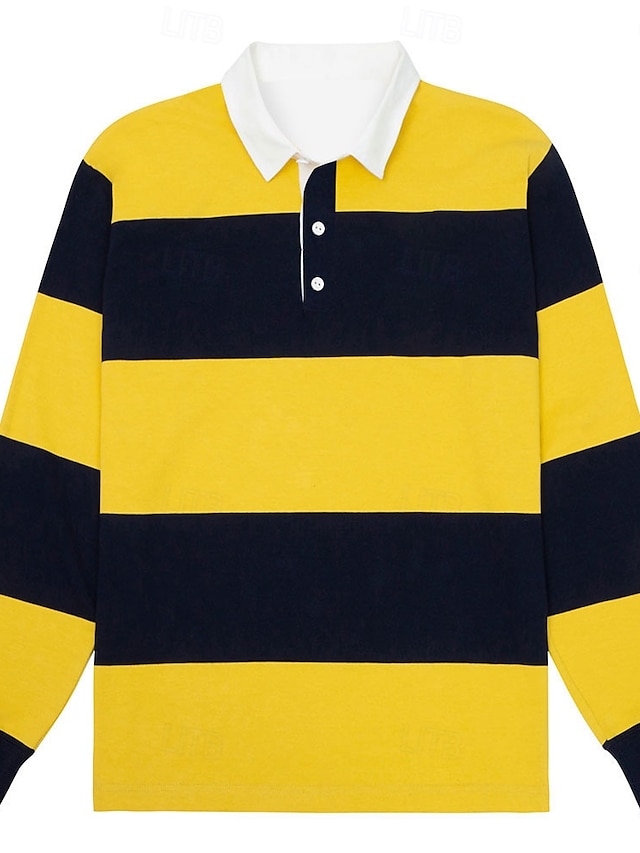 Men's Stripes Rugby Polo Long Sleeve Polo Shirts Collared Shirts Casual ...