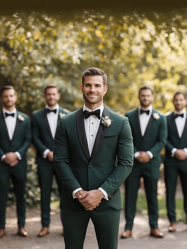 Men's Party Spring Wedding Groomsmen Suits Shawl Lapel Dark Green ...
