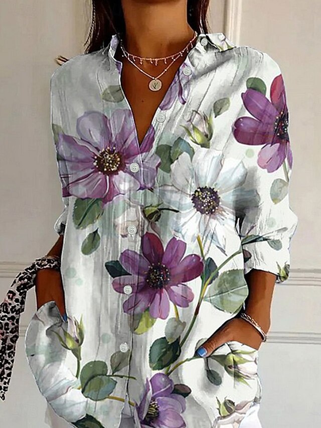 Women's Shirt Cotton Linen Shirts Button Up Blouse Floral Geometric ...