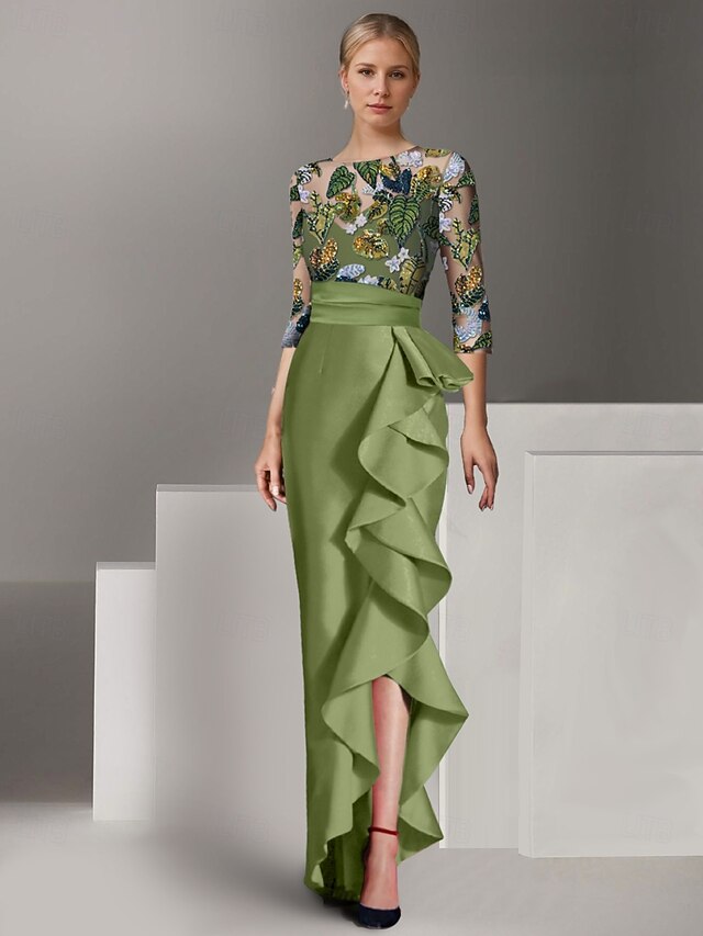 Green Yellow Floral Leaf Ruffles Embroidered Column Evening Gown ...