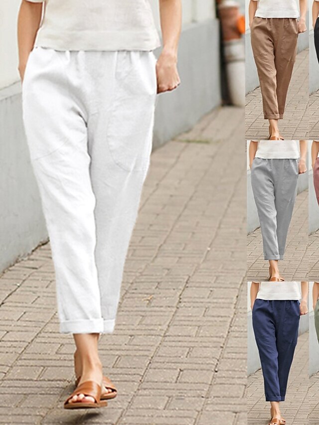 Women's Cotton Linen Pants Slacks Casual Full Length Natural Plain ...