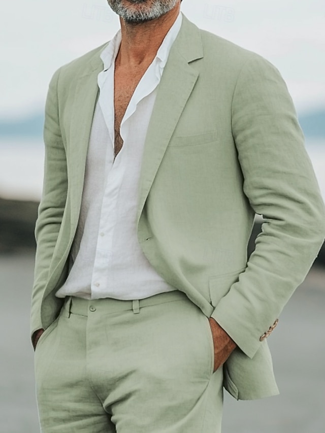 Men's Casual Beach Wedding Linen Suits Notch Lapel Sky Blue Sage ...