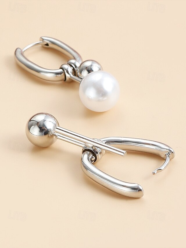 Women's chic asymmetrical hoop earrings with pearl and metal ball ...