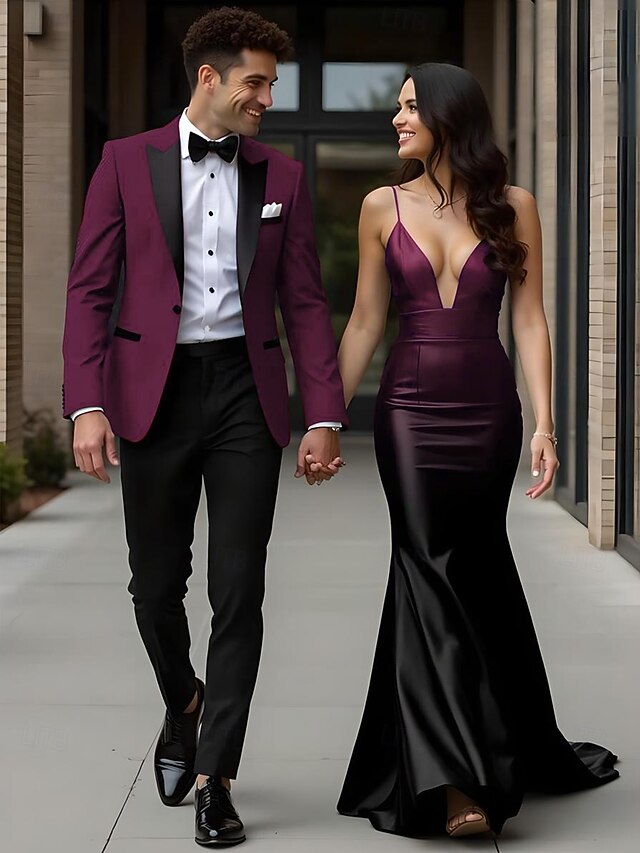 Men's Wedding Prom Party Suits Peaked Lapel Red Grape Fashion Formal ...