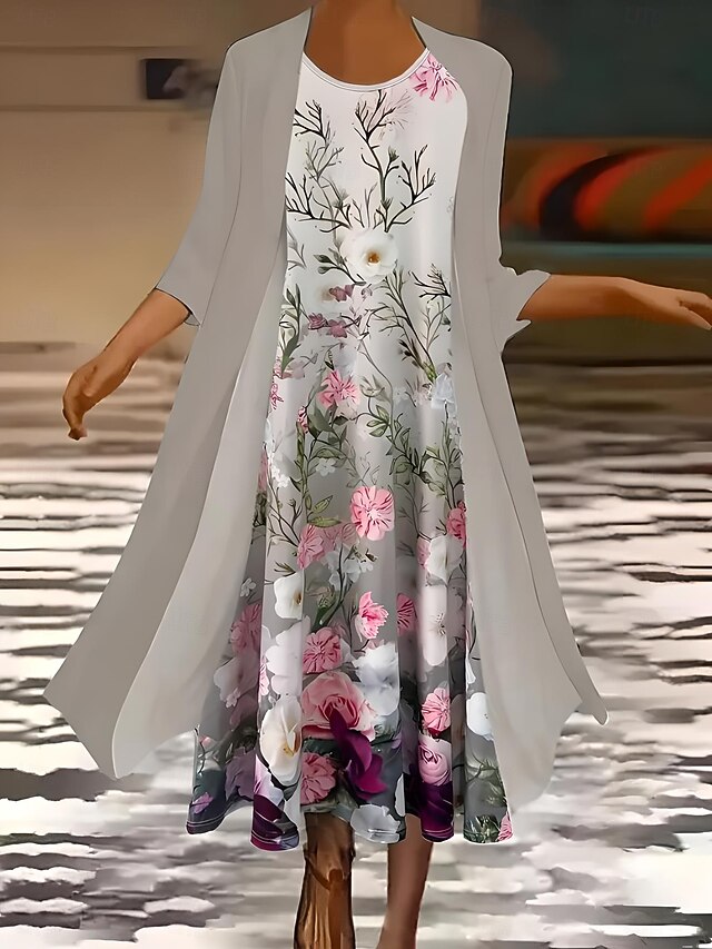 Dames jurk set maxi jurk zomer jurk vakantie casual ombre bloemenprint 3/4 lengte mouw ronde ...