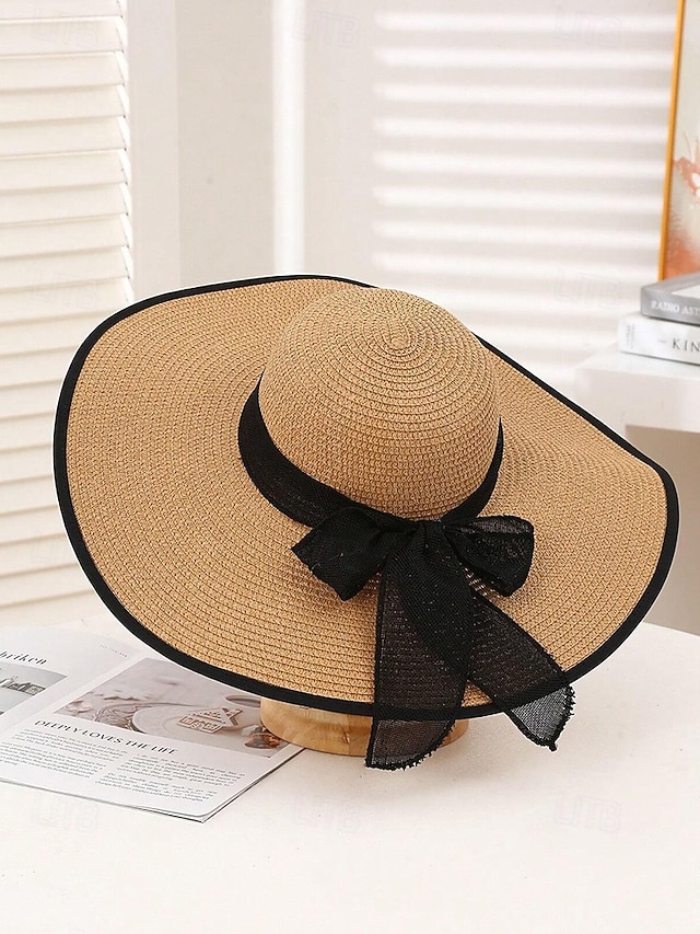 Elegant Wide Brim Sun Hat for Women – Summer Beach Straw Hat with Black ...