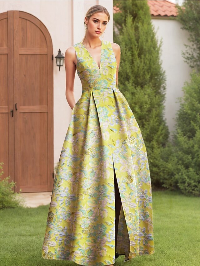 Jacquard Brocade A-Line Evening Gown Elegant Dress Formal Wedding Floor ...