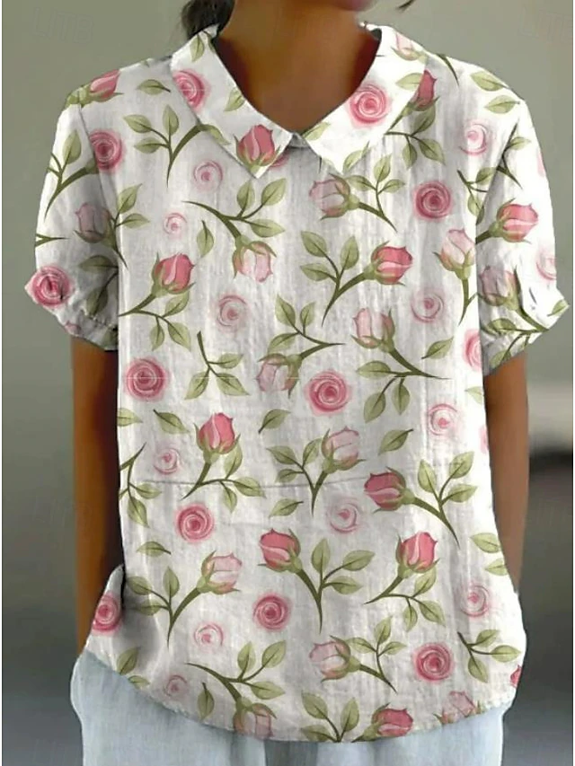 Kvinnors Blus Blommig Elegant Daglig Stilren Kort Ärmar Skjortkrage ... Kvinnors Blus Blommig Elegant Daglig Stilren Kort Ärmar Skjortkrage ...