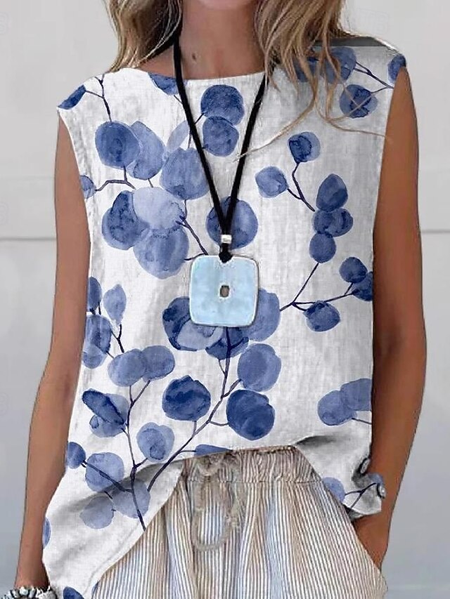 Mujer Camisa Floral Bohemia Diario Elegante Sin Mangas Cuello Barco ...