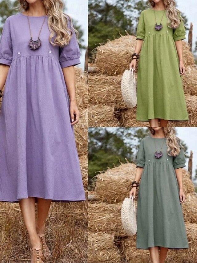 Mujer Vestido Midi Vestidos inspirados en el lino Vestido informal Vestido de lino de algodón ...