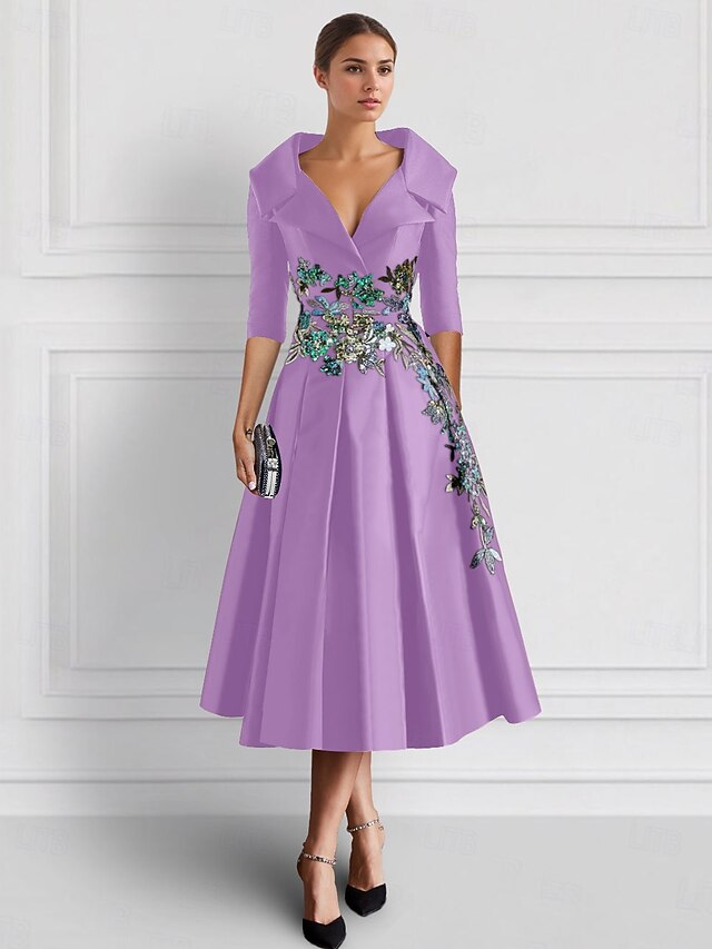 Robe cocktail formelle A-Line brodée élégante haute fente col chemise ...