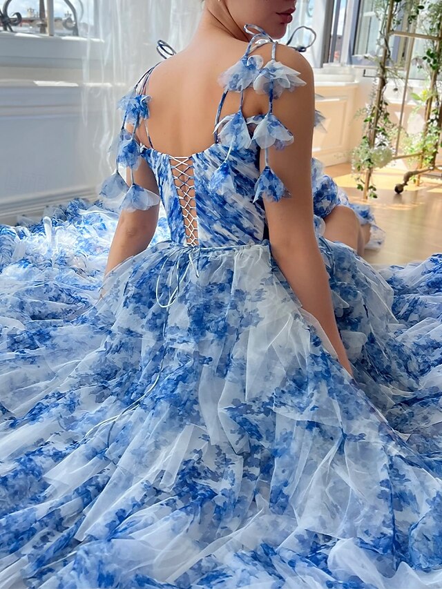 Robe A-Line de bal bleu Robes à volants corsets robe semi-formelle mariage longueur sol sans ...