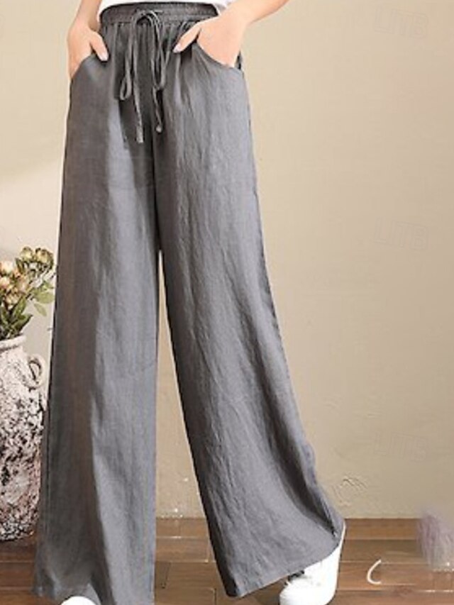 Women's Wide Leg Cotton Linen Pants Slacks Fashion Streetwear Full ...