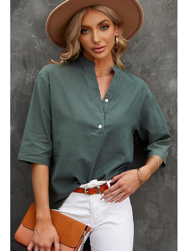 Women's Plus Size Shirt Button Up Solid Color Retro Vintage Work Half ...