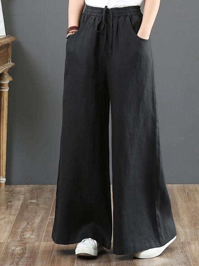 Women's Wide Leg Cotton Linen Pants Slacks Fashion Streetwear Full ...