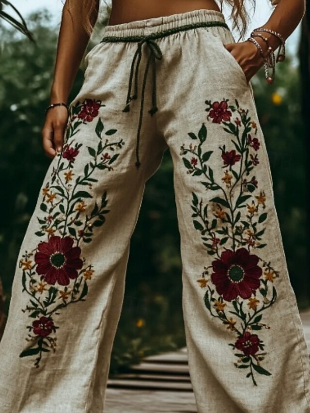 Women's Slacks Casual Boho Full Length Natural Flower Pocket Elastic ...