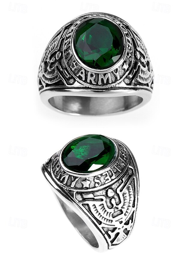 Men's Vintage Army Ring with Emerald Green Gemstone – Antique Silver ...