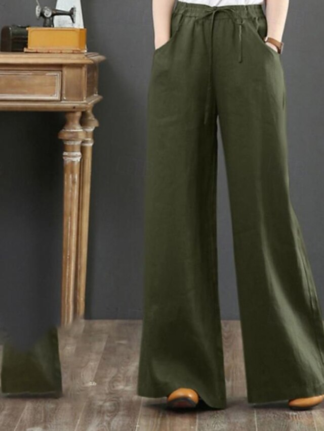 Women's Wide Leg Cotton Linen Pants Slacks Fashion Streetwear Full ...