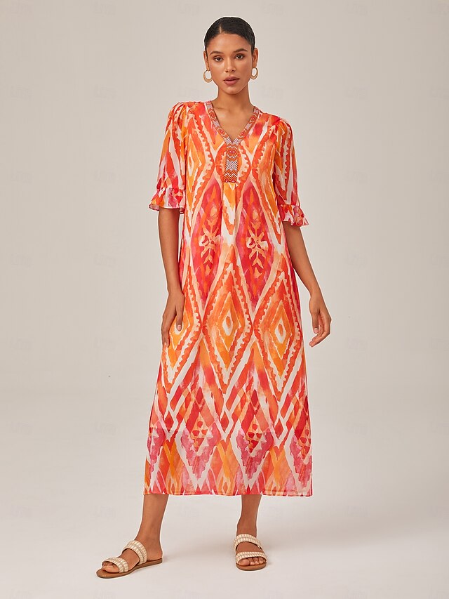 Chiffon Ethnic Print V Neck Midi Dress 2026 - $108.99