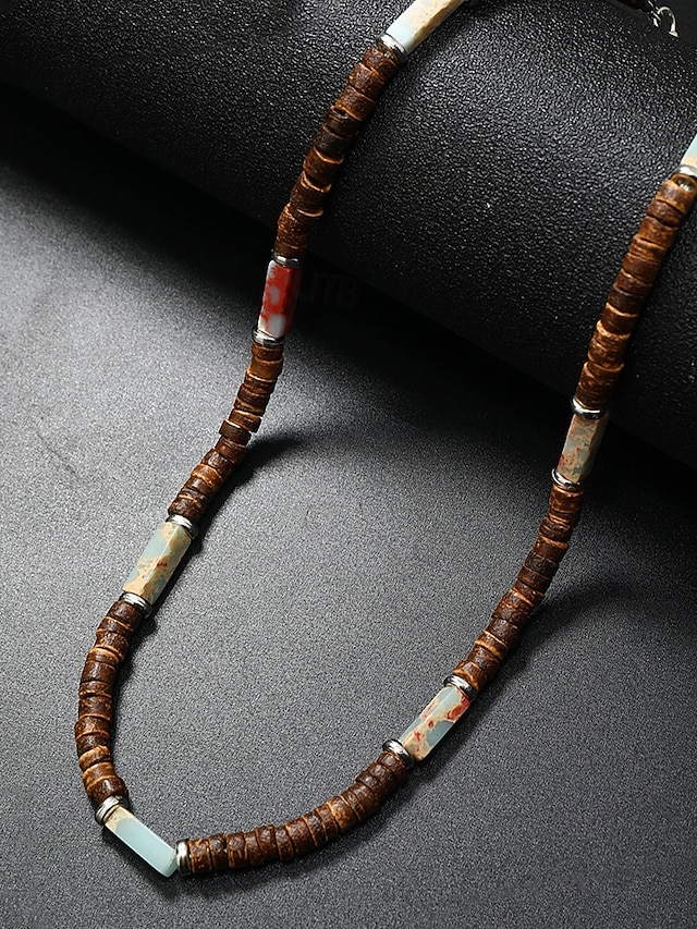 Men's Natural Wood Beaded Necklace with Turquoise Accents, Boho Surfer ...