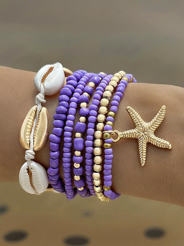 Women's Boho Shell Beaded Bracelet Set - 7-Piece Starfish Charm Stretch ...