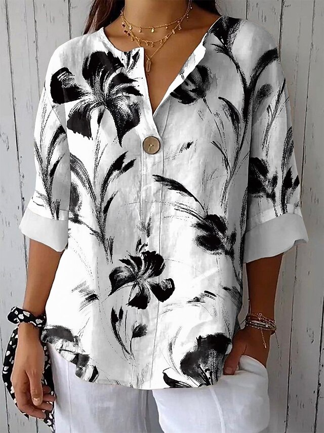 Women's Shirt Long Sleeve V Neck Floral Graphic Elegant Vintage ...