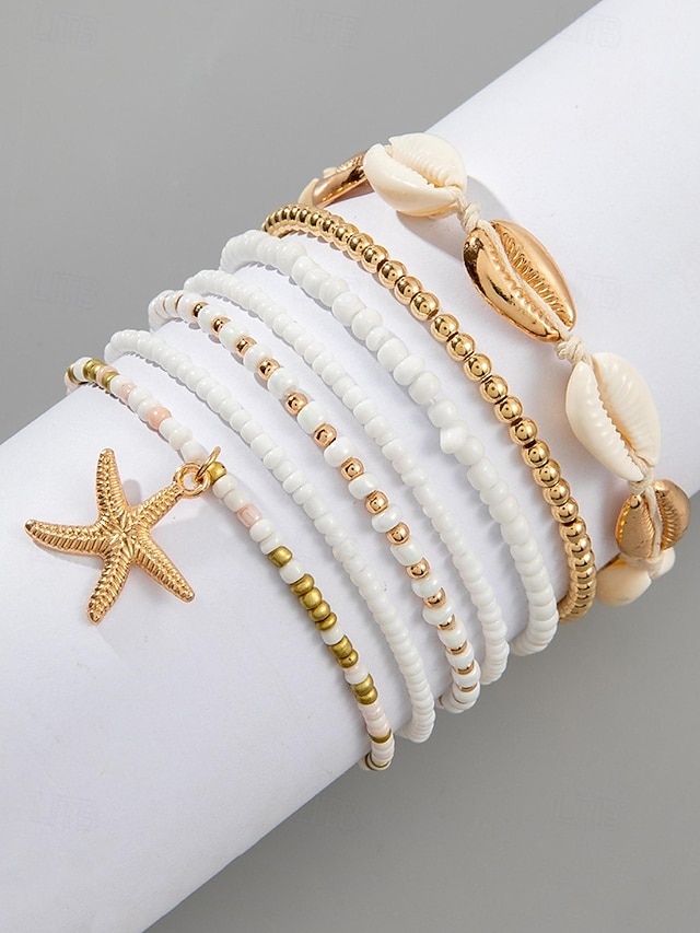 Women's Boho Shell Beaded Bracelet Set - 7-Piece Starfish Charm Stretch ...