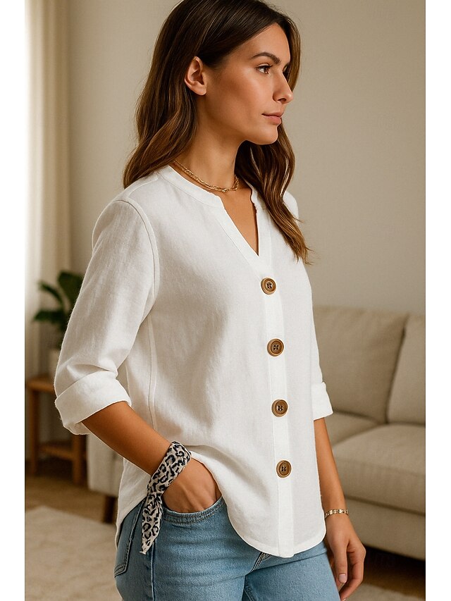 Women's Button Up Cotton Linen Shirt Plain Basic Modern Long Sleeve V ...