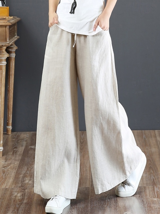 Women's Wide Leg Cotton Linen Pants Slacks Fashion Streetwear Full ...