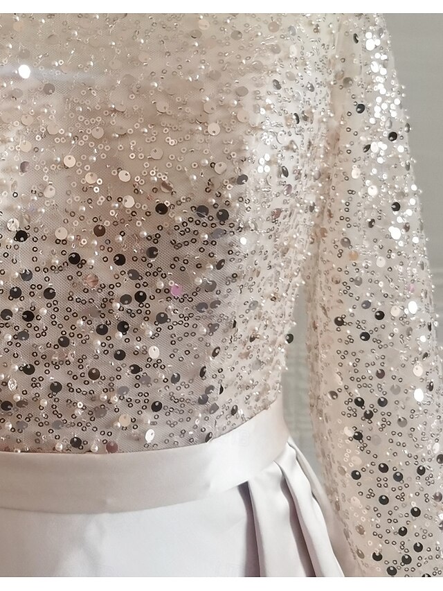 Mermaid Sequin Evening Gown Ruched Champagne Satin Dress Long Sleeves ...