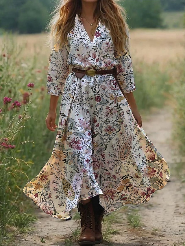 Dames Boho Jurk Westelijke Jurk Vintage Maxi Jurk Zomerjurk Plissé Jurk Vakantie Casual Boho ...